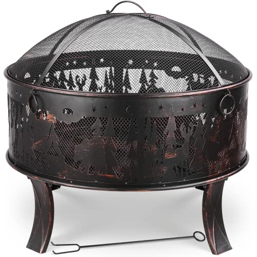 Portable Fire Bowl 27 Inch Fire Pit, Outside Fire Pit, Garden Fireplace with Spark Guard, Poker & Charcoal Grate, Fire Pits for Patio Camping Backyard Balcony, Elk Pattern