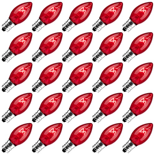 25 Pack Replacement C7 Light Bulbs for E12 Base Christmas String Lights, Classic Christmas Bulbs for Holiday Party Indoor Outdoor Garden Backyard Cafe Xmas Decoration, Red