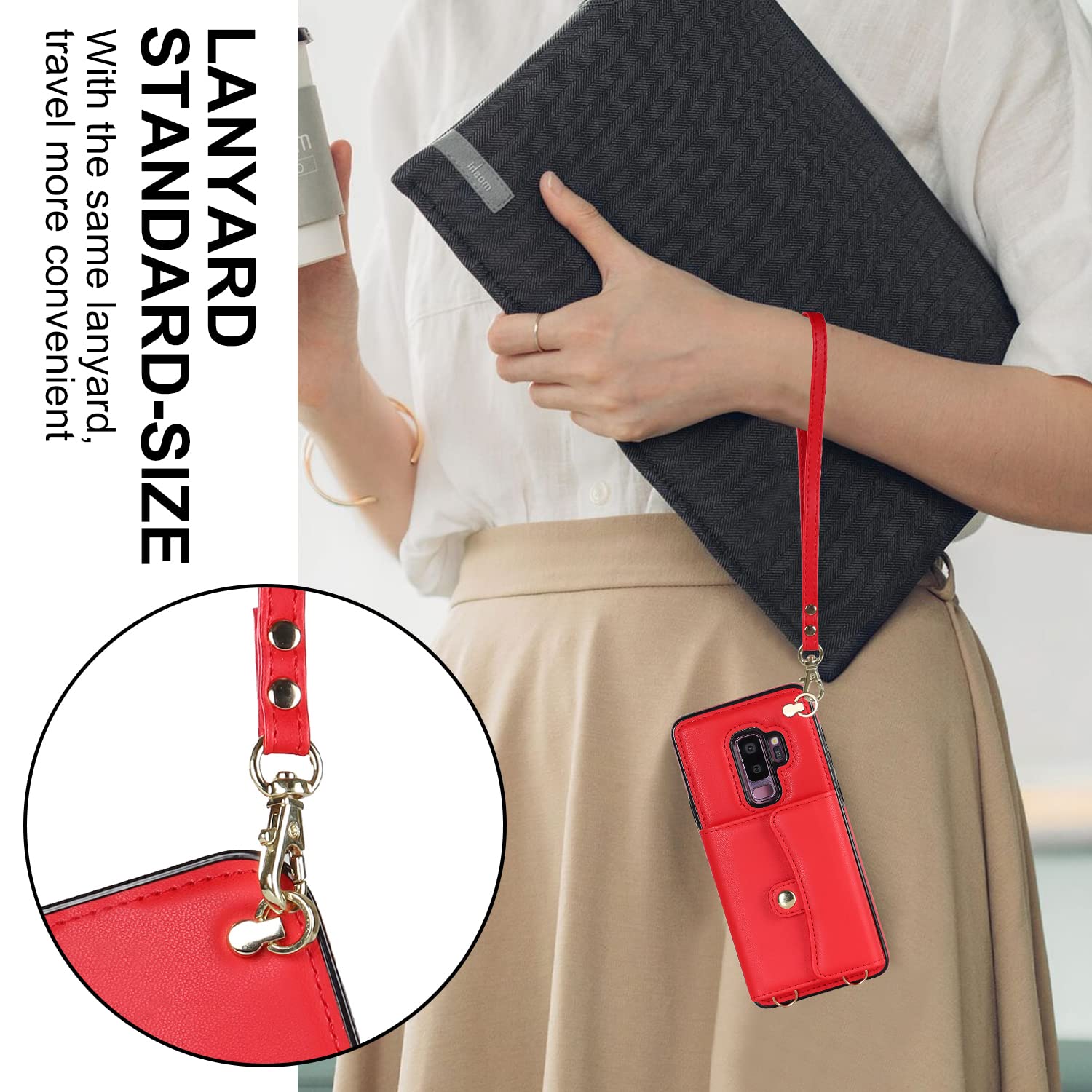 ONV Wallet Case Compatible with Samsung Galaxy S9 Plus - Adjustable Crossbody Lanyard [RFID] Metal Closure Card Holder Slots Cash Pocket Stand Multifunction Cover for Samsung Galaxy S9 Plus [FQ] -Red