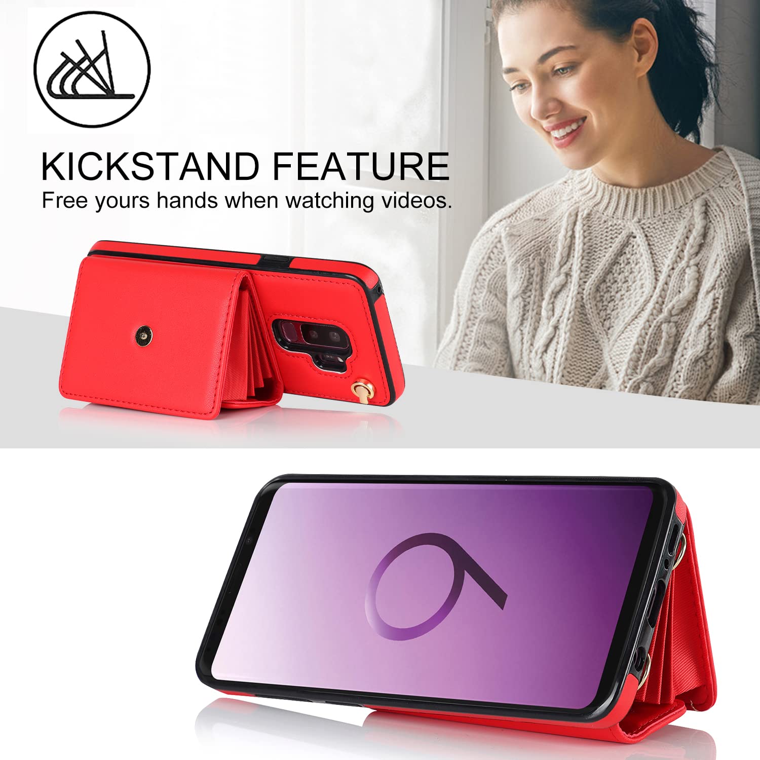 ONV Wallet Case Compatible with Samsung Galaxy S9 Plus - Adjustable Crossbody Lanyard [RFID] Metal Closure Card Holder Slots Cash Pocket Stand Multifunction Cover for Samsung Galaxy S9 Plus [FQ] -Red