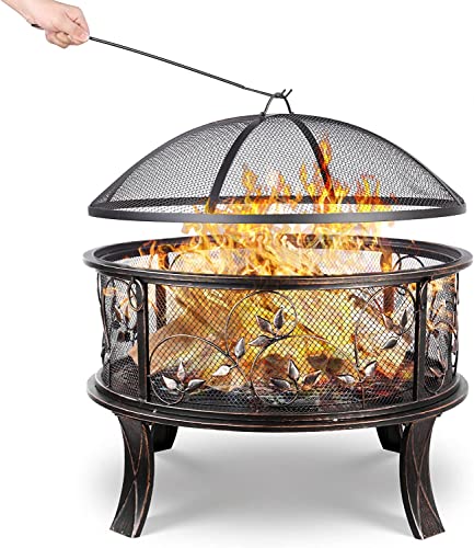 Portable Fire Bowl 27 Inch Fire Pit, Outside Fire Pit, Garden Fireplace with Spark Guard, Poker & Charcoal Grate, Fire Pits for Patio Camping Backyard Balcony, Elk Pattern