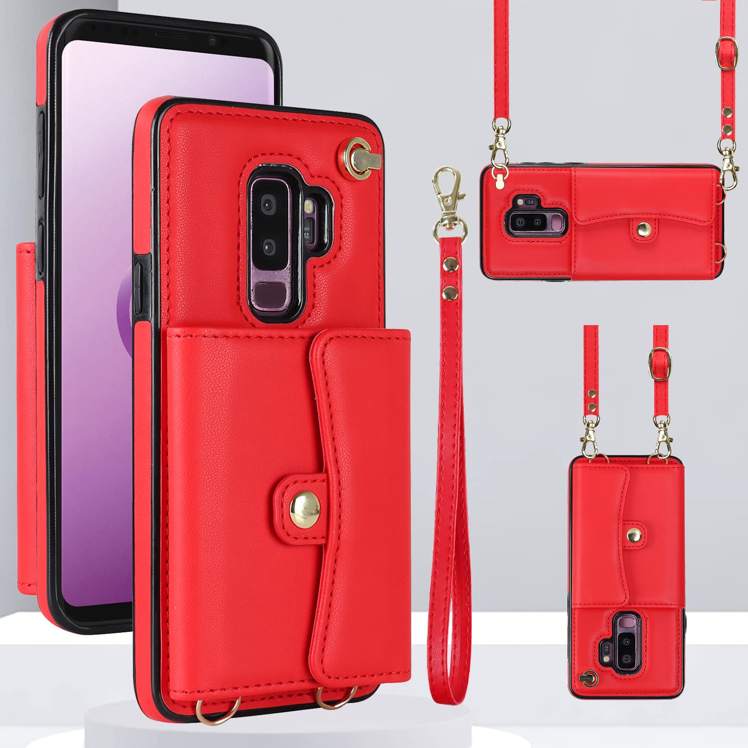 ONV Wallet Case Compatible with Samsung Galaxy S9 Plus - Adjustable Crossbody Lanyard [RFID] Metal Closure Card Holder Slots Cash Pocket Stand Multifunction Cover for Samsung Galaxy S9 Plus [FQ] -Red