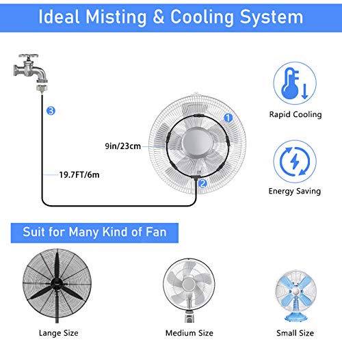 XDDIAS Fan Misting Kit for Outdoor Misting Cooling System with 19.67FT (6M) Misting Line+6 Nozzle+A Faucet Adapter DIY Cool Patio Breeze Misters Fan for Any Outdoor Fans