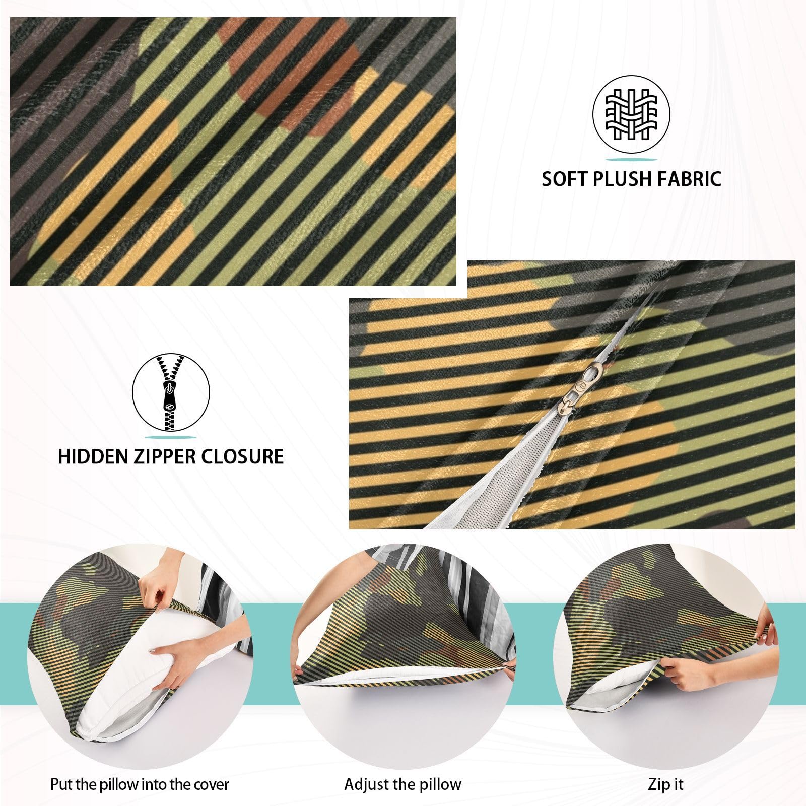 Green Brown Striped Camouflage Pillowcase for Hair and Skin Body Pillow Cover Pillow Case King Size 20"X 40" Super Soft Pillow Case with Zipper for Men