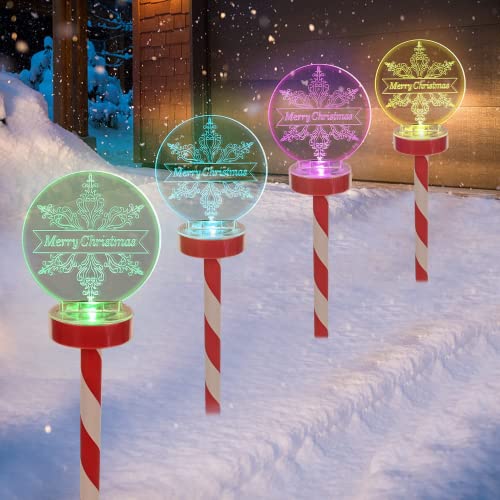 Christmas Snowflake Pathway Lights Outdoor Decoration - 4 Pack Waterproof Solar Candy Cane Stake Lights, Auto 7 Color Changing Christmas Solar Pathway Lights Garden Stake for Patio Yard Lawn Walkway