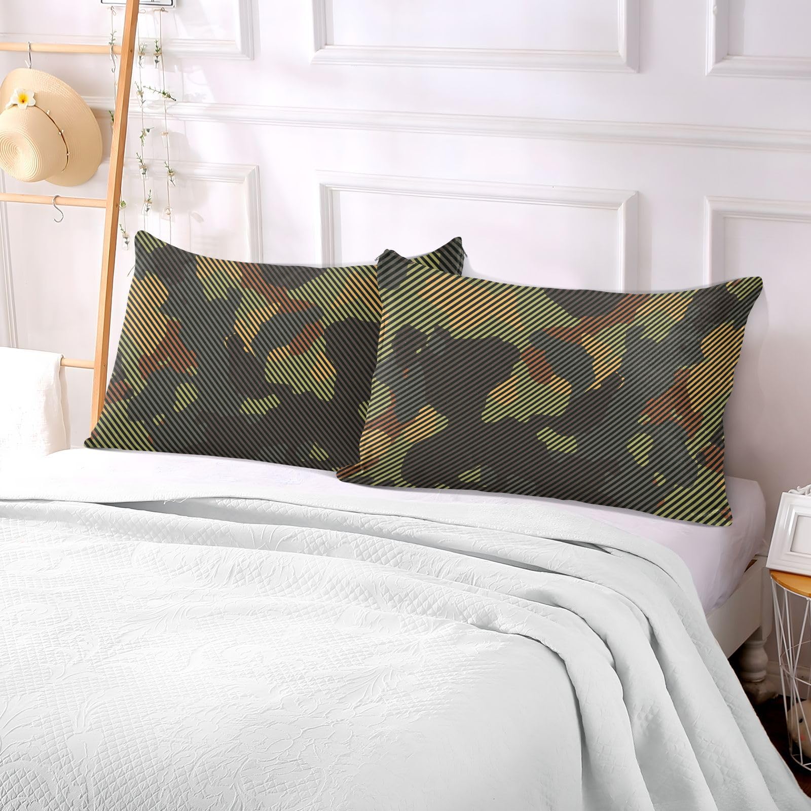 Green Brown Striped Camouflage Pillowcase for Hair and Skin Body Pillow Cover Pillow Case King Size 20"X 40" Super Soft Pillow Case with Zipper for Men