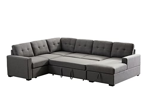 ERYE Tufted Upholstered U-Shaped Sectional Sofa with Left Storage Chaise and Pull Out Couch Bed, Oversized Corner Sofa&Couch Convertible Sleeper & Sofabed for Home Apartment Living Room, Dark Gray