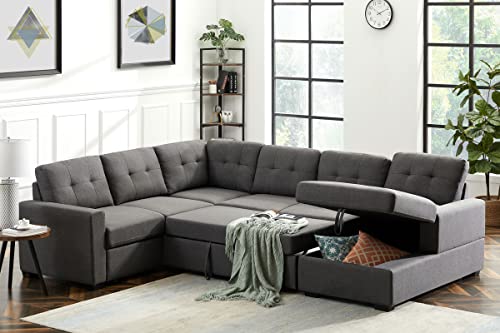 ERYE Tufted Upholstered U-Shaped Sectional Sofa with Left Storage Chaise and Pull Out Couch Bed, Oversized Corner Sofa&Couch Convertible Sleeper & Sofabed for Home Apartment Living Room, Dark Gray