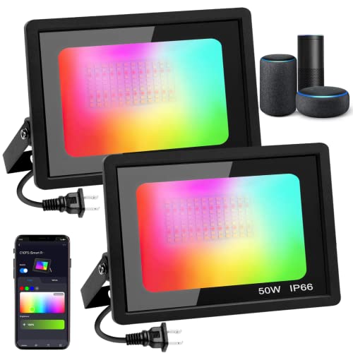 Outdoor RGB 50W LED Flood Lights - IP66 Waterproof Colored Changing 500W Equiv Spotlight Dimmable Halloween Strobe Lights with Plug Outside Smart WiFi Color Alexa Floodlight for Party Garden 丨 2 Pack