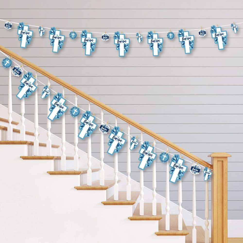 Big Dot of Happiness Baptism Blue Elegant Cross - Boy Religious Party DIY Decorations - Clothespin Garland Banner - 44 Pieces