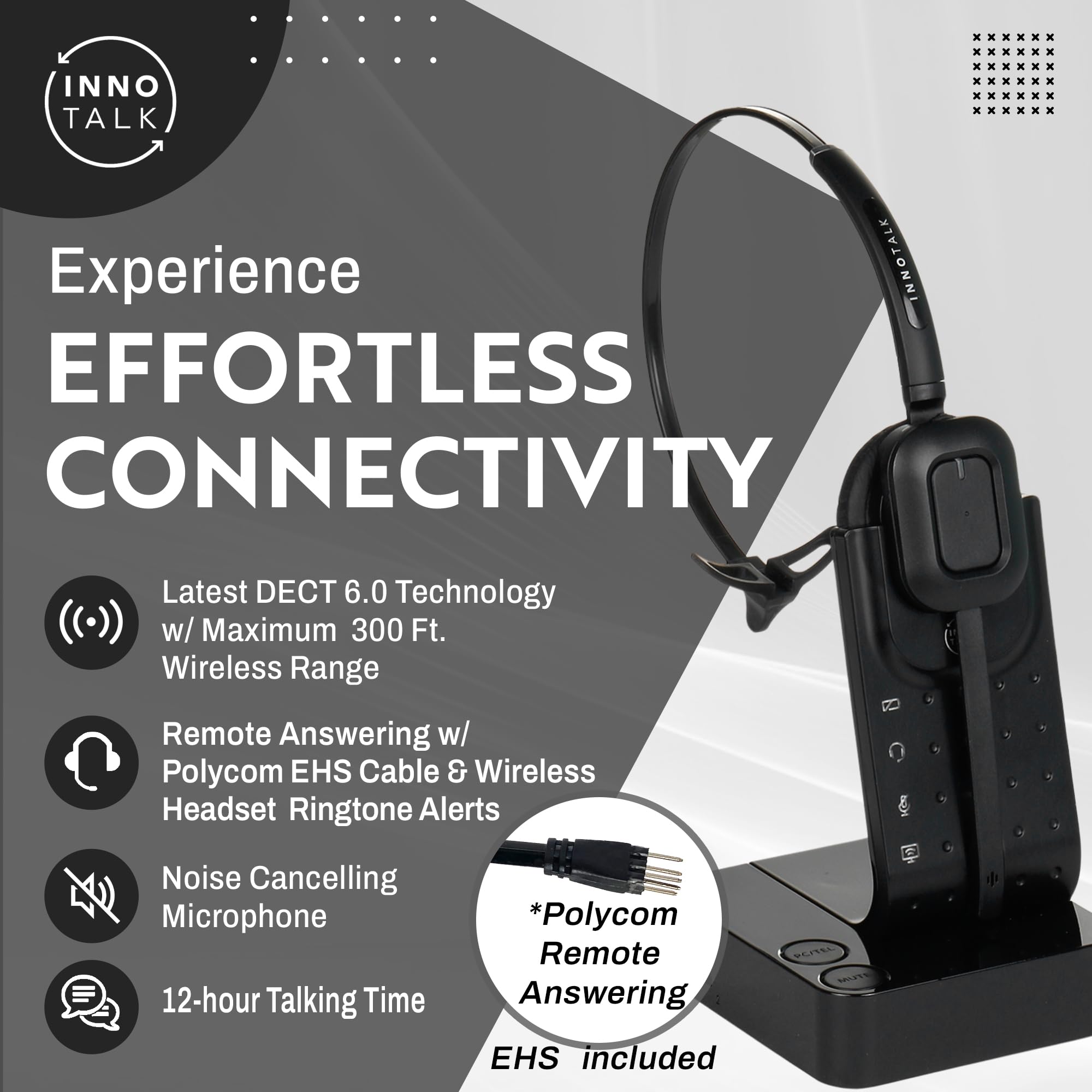 INNOTALK Wireless Headset Compatible with Polycom VVX150, VVX250, VVX350, VVX450, VVX500, VVX600, VVX1500 with an EHS Cord - Desk Office Phone Call Center Wireless Headset(Pioneer)
