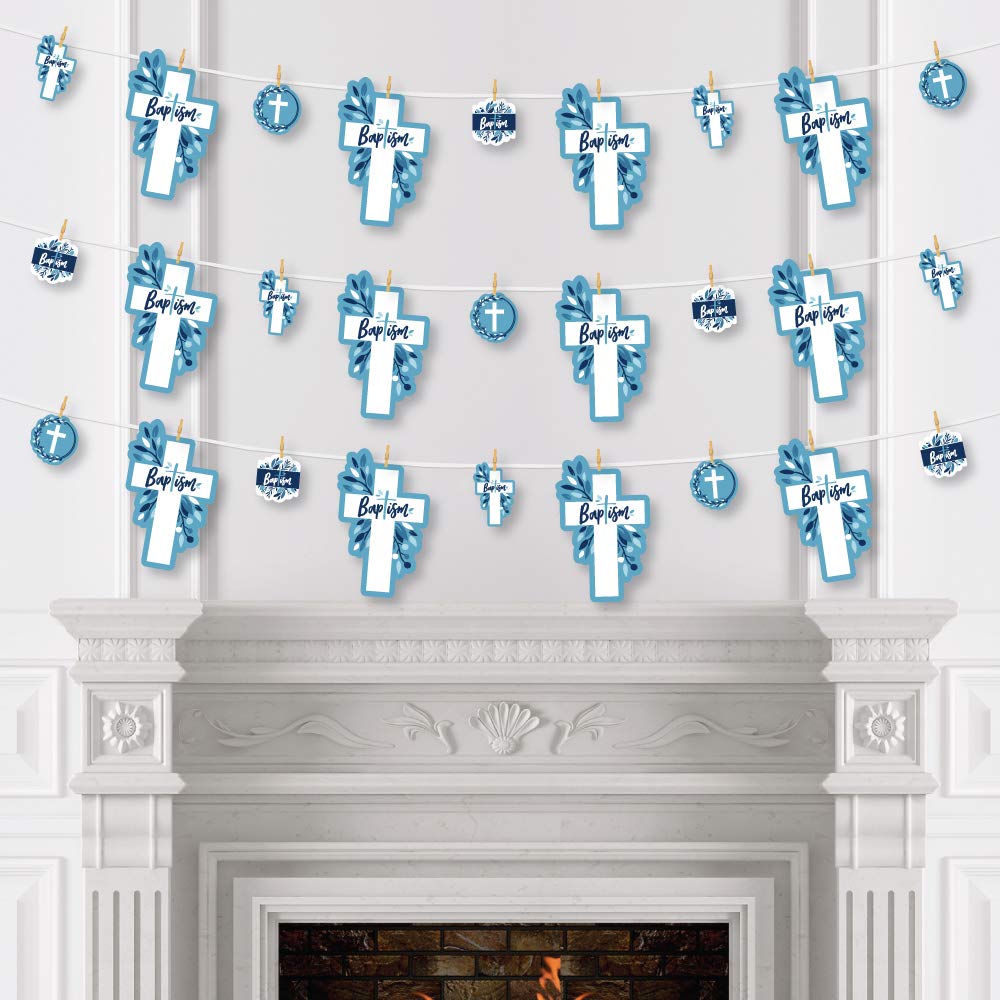 Big Dot of Happiness Baptism Blue Elegant Cross - Boy Religious Party DIY Decorations - Clothespin Garland Banner - 44 Pieces
