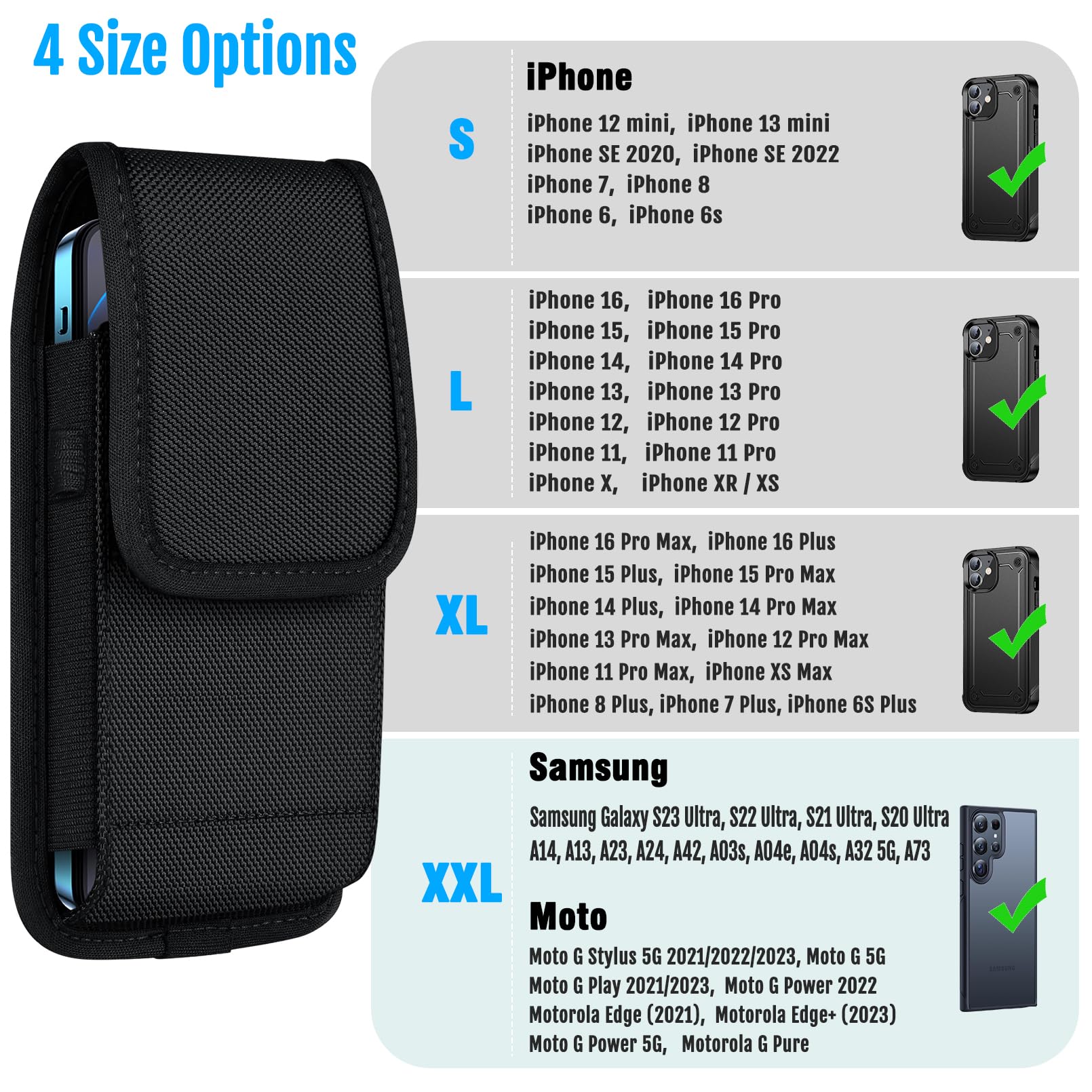 ykooe Cell Phone Pouch Nylon Belt Holster Case Compatible with Galaxy S25/S24/S23/S22 Ultra A16 A15 A14 A13, Moto G Stylus/Power/Play, Pixel 8/7 Pro, TCL OnePlus T-Mobile, Black - XXL