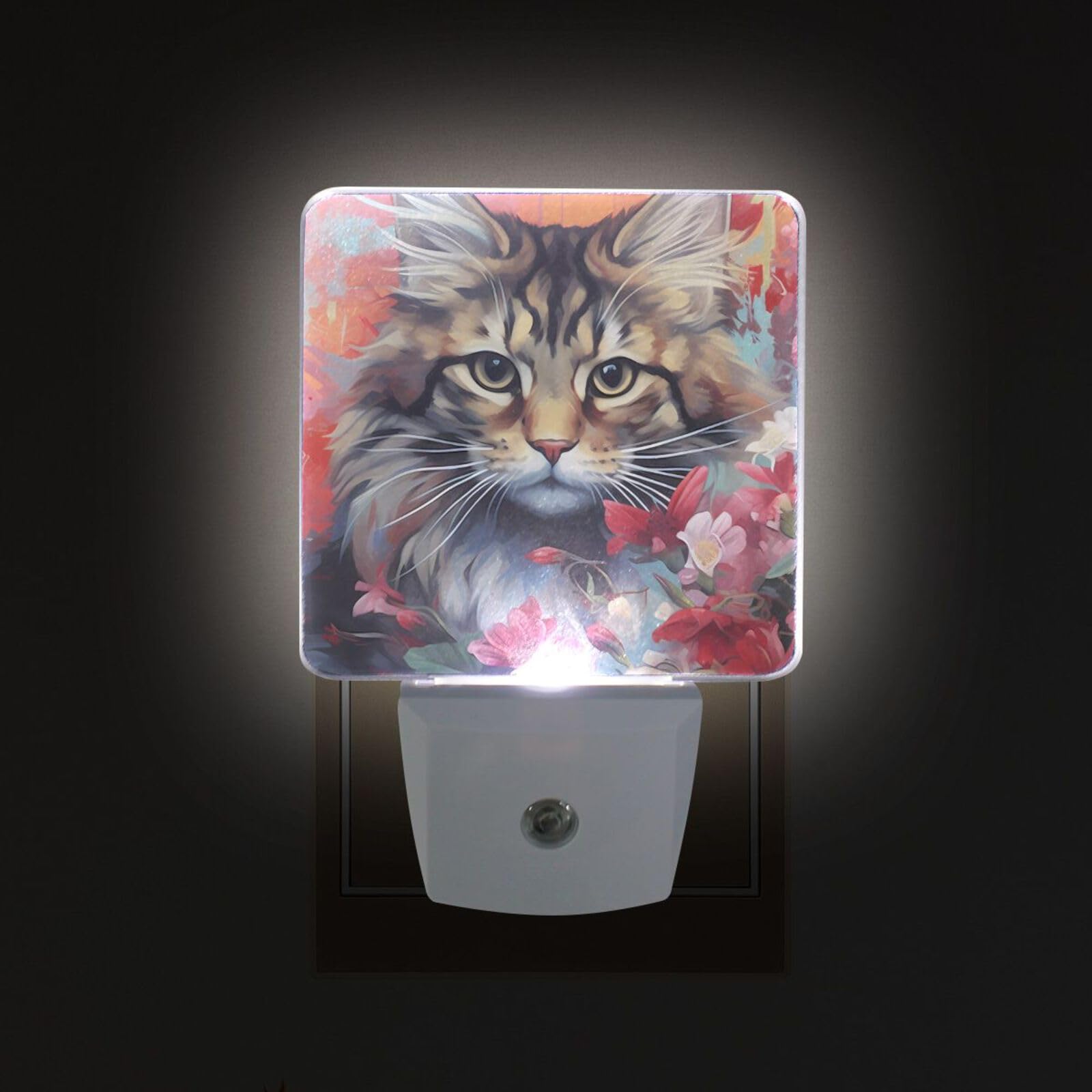 ZENWAWA Painting Longhair Cat Night Light Plug into Wall Decorative Auto Dusk to Dawn Sensor LED Night Lamp 2 Pack 3×4.5×1.4 in