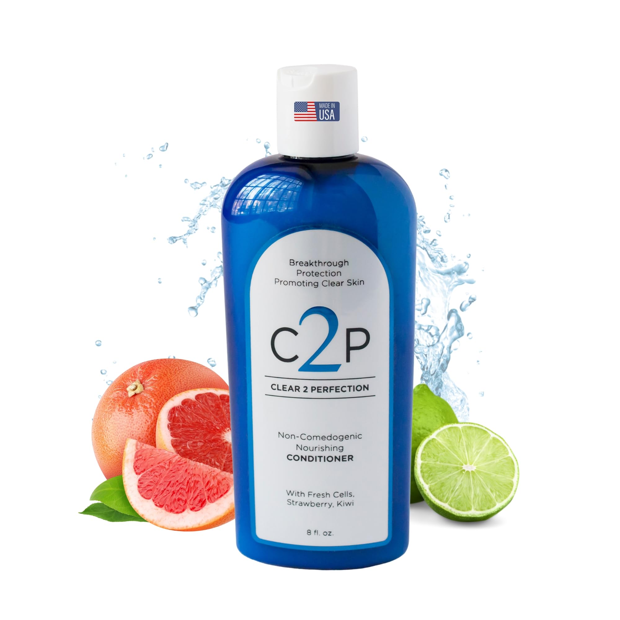 Non-Comedogenic Hair Conditioner for Blemish Free Skin by Clear 2 Perfection with Fresh Cells Strawberry and Kiwi Suspensions. Hair Conditioner for Acne. Made in USA
