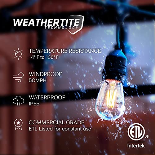 Brightech Ambience Pro Outdoor String Lights - Commercial Grade Waterproof Patio Lights with 48 Ft Dimmable Edison Bulbs - Heavy Duty LED Porch String Lights - 2W LED, Warm White Light