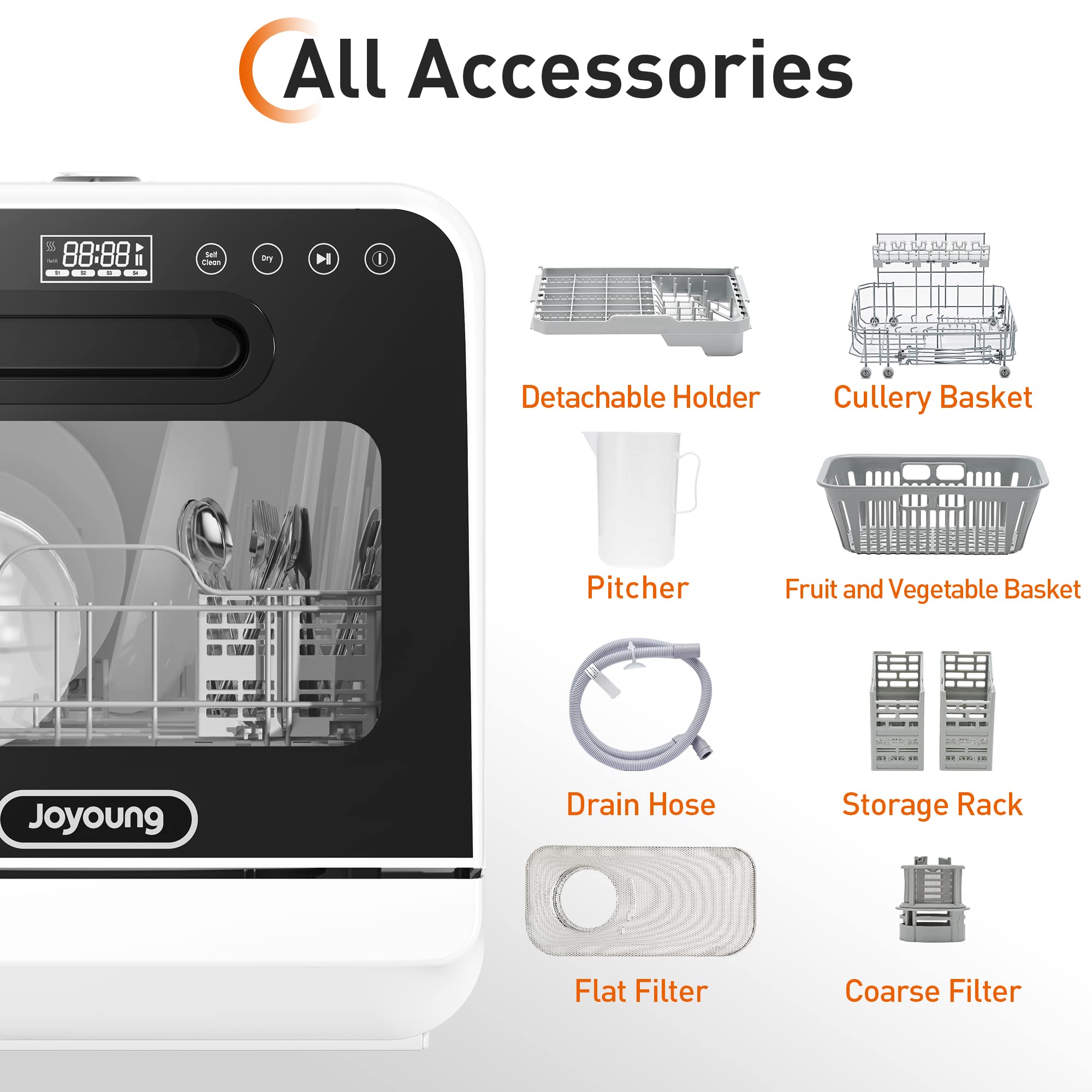 JOYOUNG Portable Countertop Dishwasher, 5L Built-in Water Tank, 5 Washing Programs with Air-Dry Function, 360° Dual Spray Arms, Compact Size and Large Capacity for a Family of 6