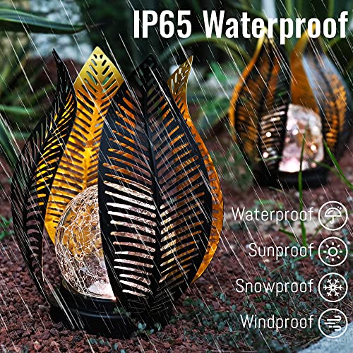 Garden Solar Lights Pathway Outdoor Palm Leaf Crackle Glass Globe Metal Flower Lights,Waterproof Garden Lights Decorations for Tabletop Patio Yards Walkway Party