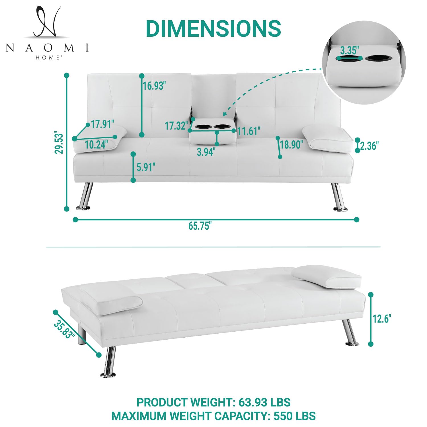 Naomi Home Transform Your Living Space with Comfort White Futon Sofa Bed with Armrest, Cupholders, & Reclining Function, Ideal for Cozy Living Rooms! Sofa Bed Couch with Metal Legs, Faux Leather