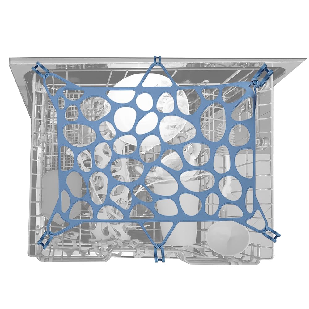 REVEX Dishwasher Net, 9.8"x14.5" Silicone Dishwasher Net For Small Items, 6 Adjustable Hooks to Cover Plastic Bowls,Baby Bottle and Cups to Avoid Tipping Over, Suitable for All Dishwashers (Blue)