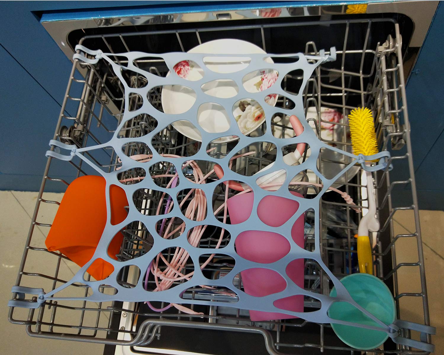 REVEX Dishwasher Net, 9.8"x14.5" Silicone Dishwasher Net For Small Items, 6 Adjustable Hooks to Cover Plastic Bowls,Baby Bottle and Cups to Avoid Tipping Over, Suitable for All Dishwashers (Blue)