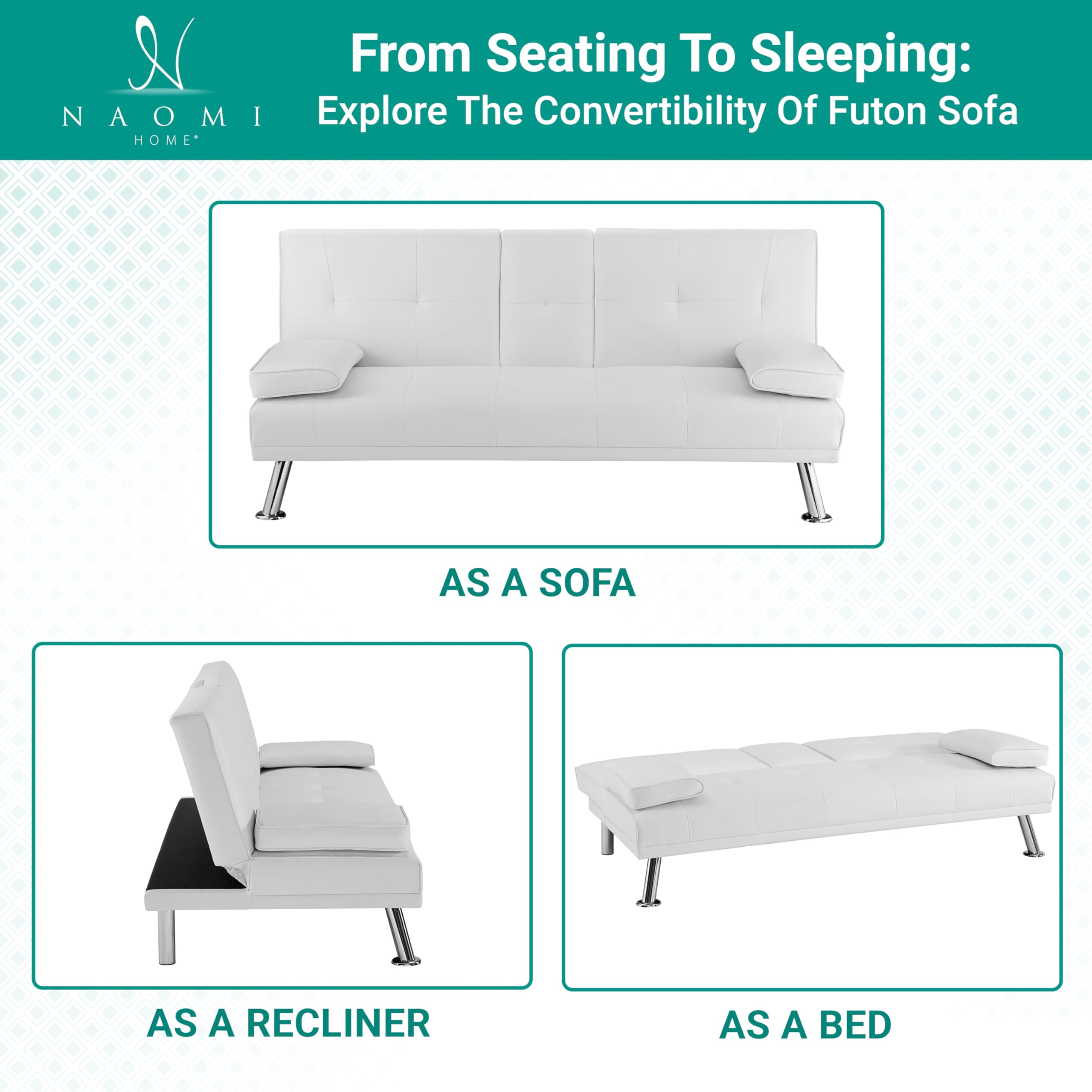 Naomi Home Transform Your Living Space with Comfort White Futon Sofa Bed with Armrest, Cupholders, & Reclining Function, Ideal for Cozy Living Rooms! Sofa Bed Couch with Metal Legs, Faux Leather