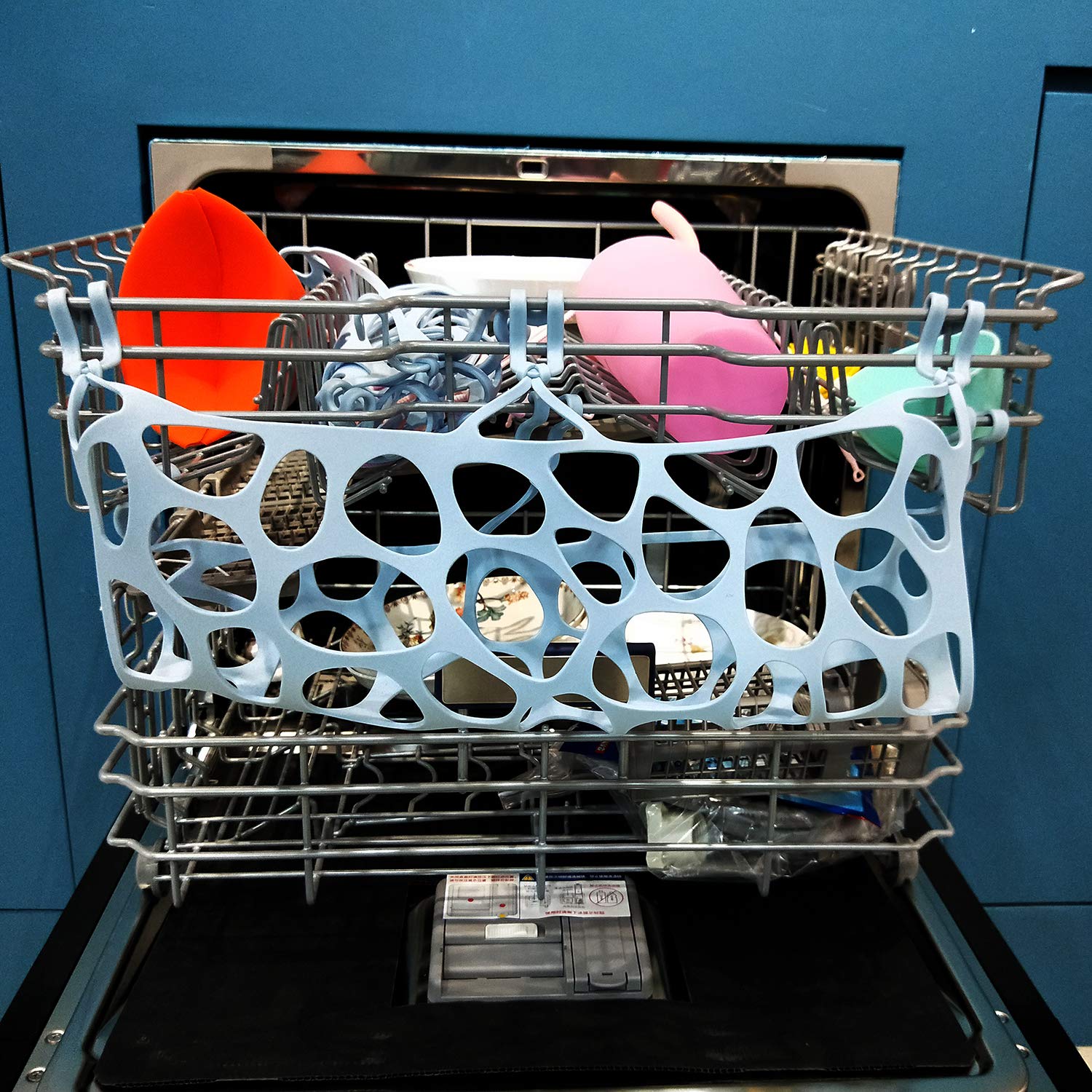 REVEX Dishwasher Net, 9.8"x14.5" Silicone Dishwasher Net For Small Items, 6 Adjustable Hooks to Cover Plastic Bowls,Baby Bottle and Cups to Avoid Tipping Over, Suitable for All Dishwashers (Blue)
