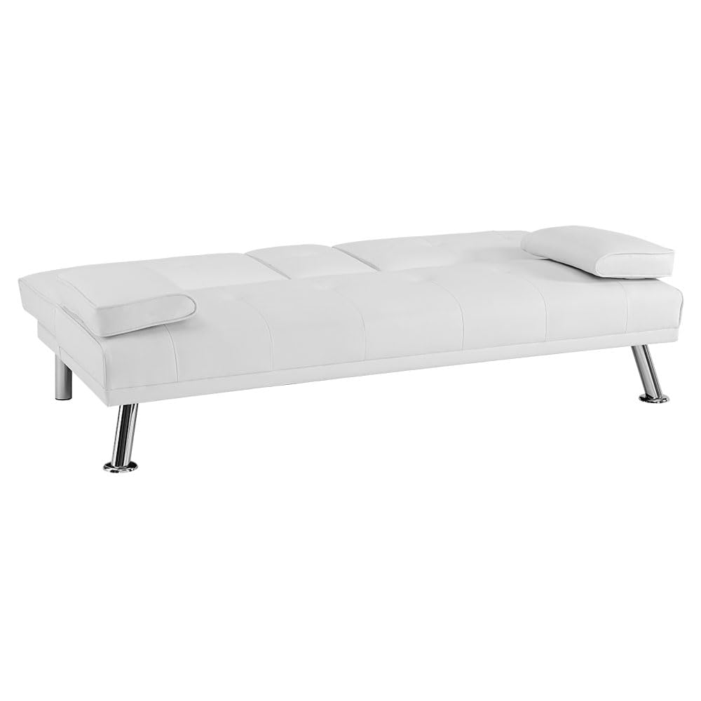 Naomi Home Transform Your Living Space with Comfort White Futon Sofa Bed with Armrest, Cupholders, & Reclining Function, Ideal for Cozy Living Rooms! Sofa Bed Couch with Metal Legs, Faux Leather