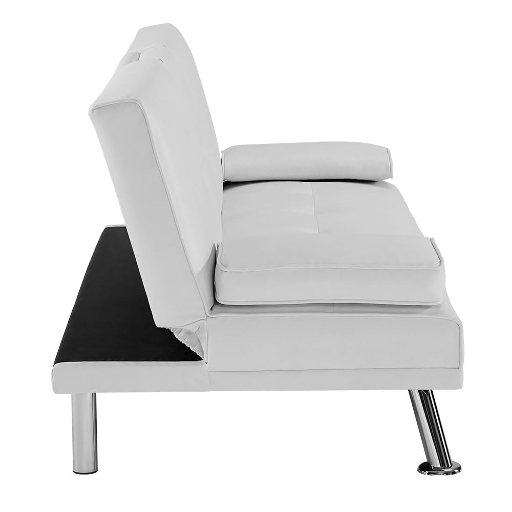 Naomi Home Transform Your Living Space with Comfort White Futon Sofa Bed with Armrest, Cupholders, & Reclining Function, Ideal for Cozy Living Rooms! Sofa Bed Couch with Metal Legs, Faux Leather