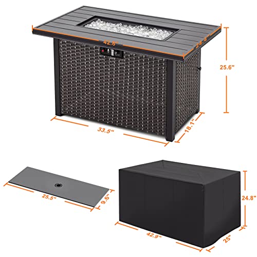 Nuu Garden 43-inch Propane Fire Pit Table, 50,000 BTU Aluminum Gas Fire Table with Lid, Cover and Glass Beads, Rectangle Firepit for Garden, Patio, Backyard, Deck, Dark Black