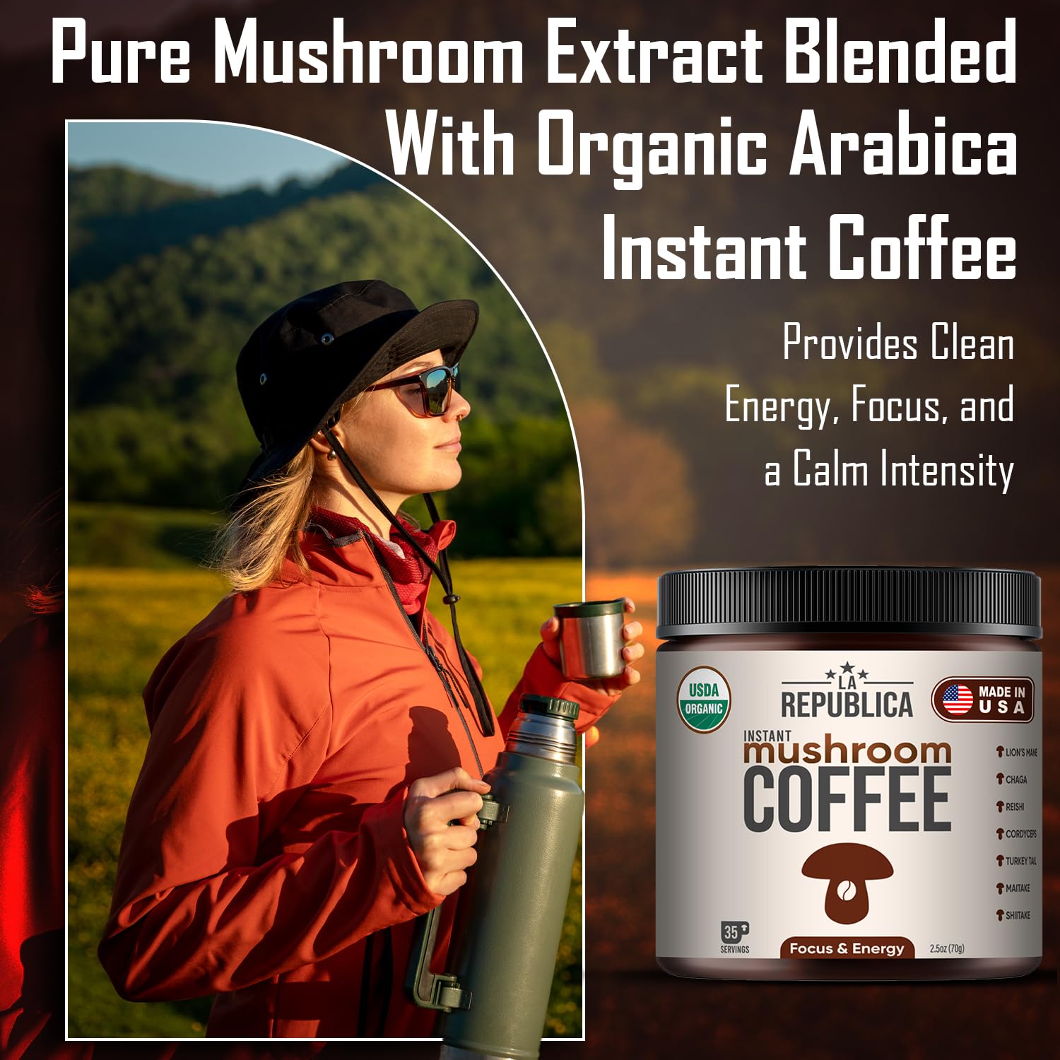 La Republica Organic Mushroom Coffee (30 Servings) with 7 Superfood Mushrooms, Great Tasting Arabica Instant Coffee, Includes Lion's Mane, Reishi, Chaga, Cordyceps, Shiitake, Maitake, and Turkey Tail