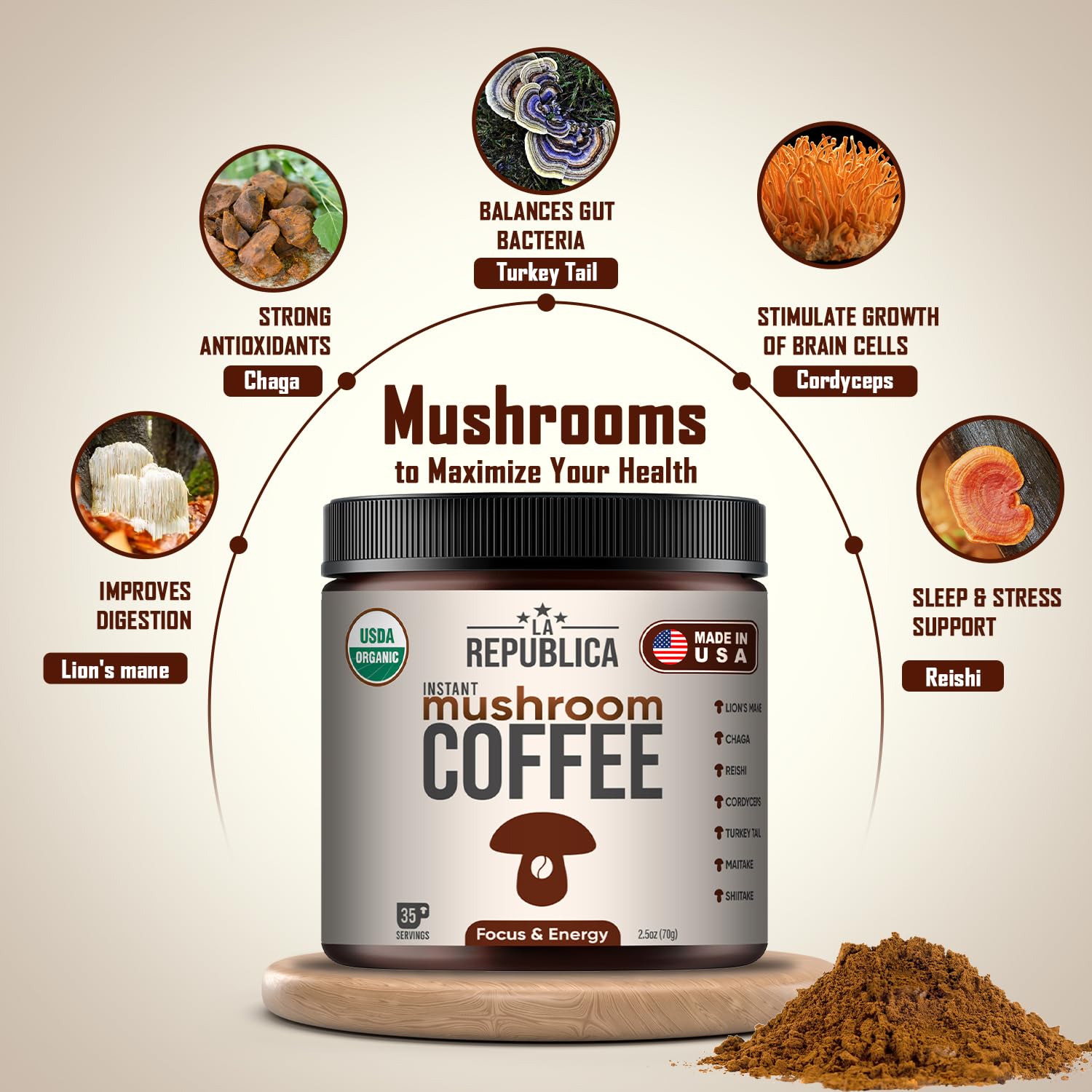 La Republica Organic Mushroom Coffee (30 Servings) with 7 Superfood Mushrooms, Great Tasting Arabica Instant Coffee, Includes Lion's Mane, Reishi, Chaga, Cordyceps, Shiitake, Maitake, and Turkey Tail