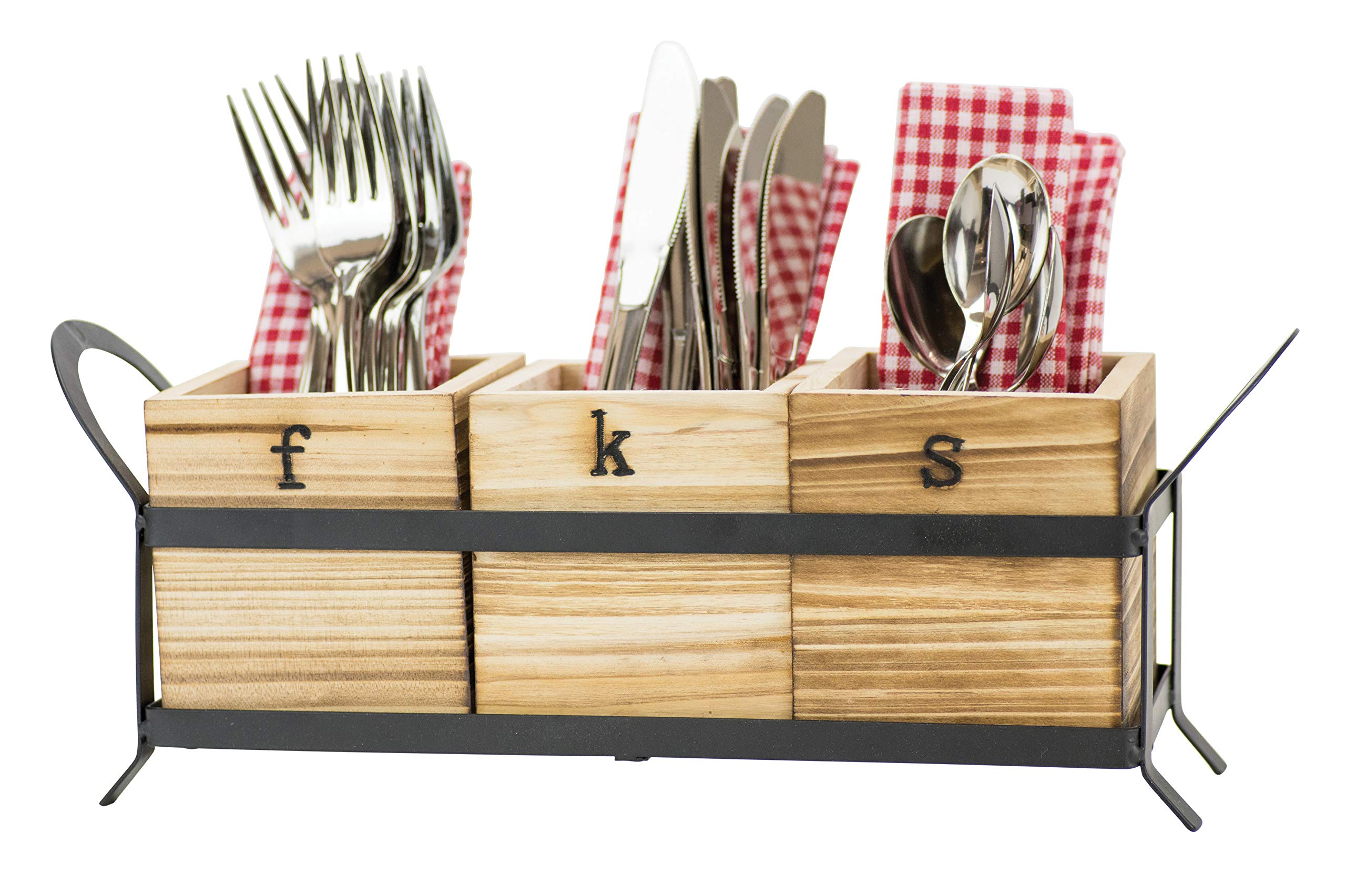Boston Warehouse Rustic Farmhouse Wood and Metal Flatware Caddy with Removable Utensil Crocks