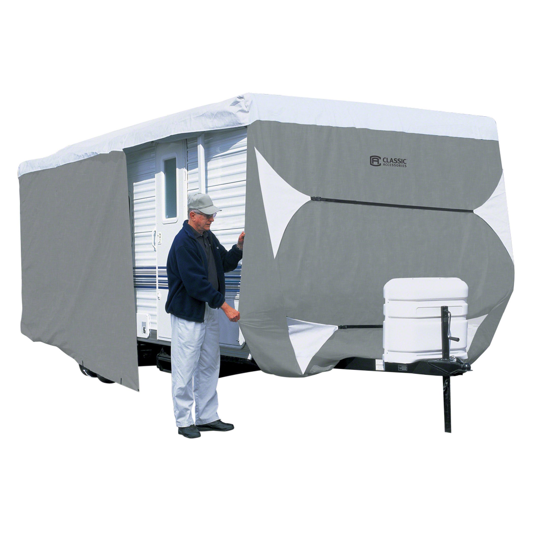 Classic Accessories Over Drive PolyPRO3 Deluxe Travel Trailer/Toy Hauler Cover, Fits 18'-20' RVs, Camper RV Cover, Customizable Fit, Water-Resistant, All Season Protection for Motorhome, Grey/White