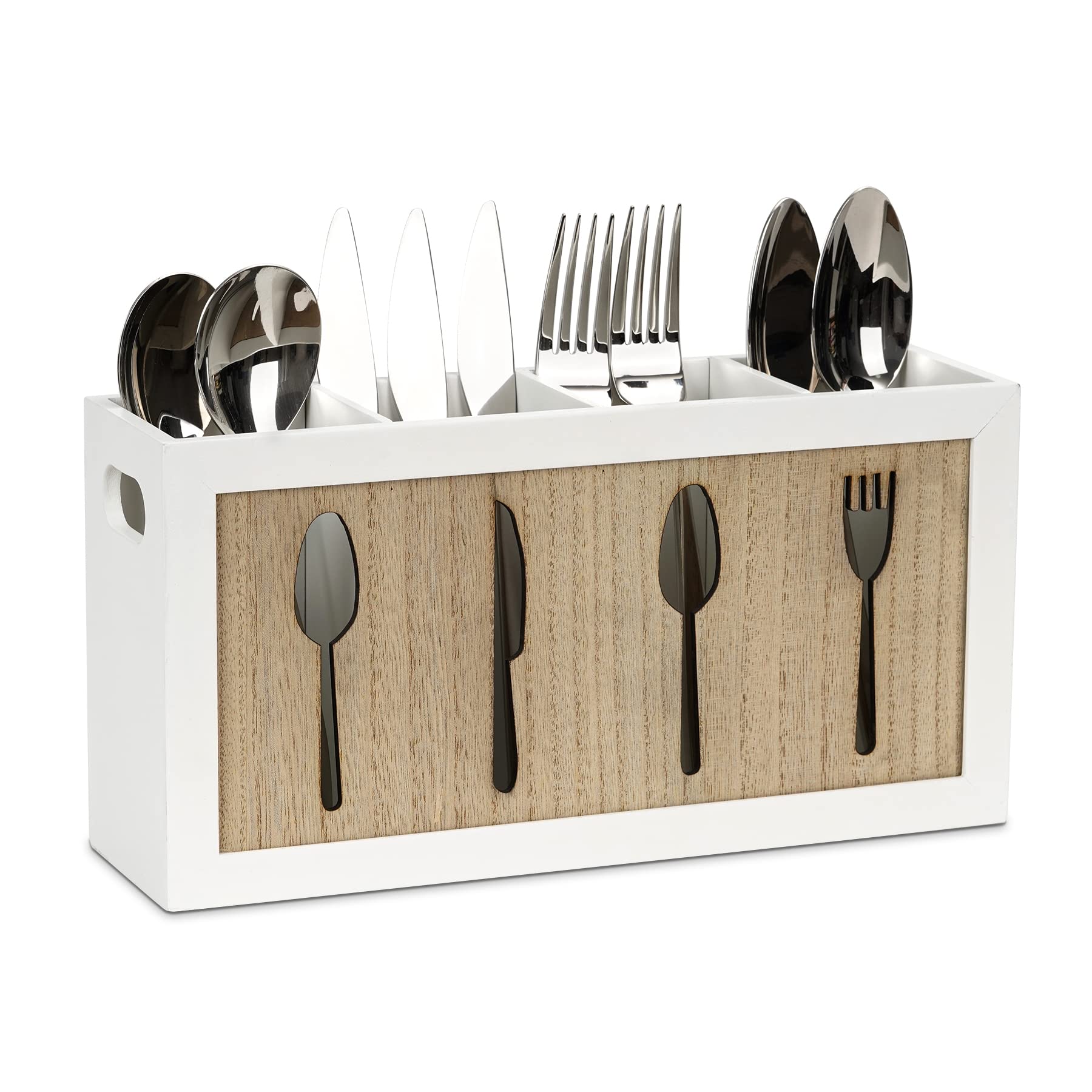 Wooden Kitchen Utensil Holder for Countertop, Rustic Utensil Organizer Cutlery Holder Flatware Silverware Organizer, Cooking Utensil Caddy Organizer with 4 Compartments for Spoons, Forks, Knives