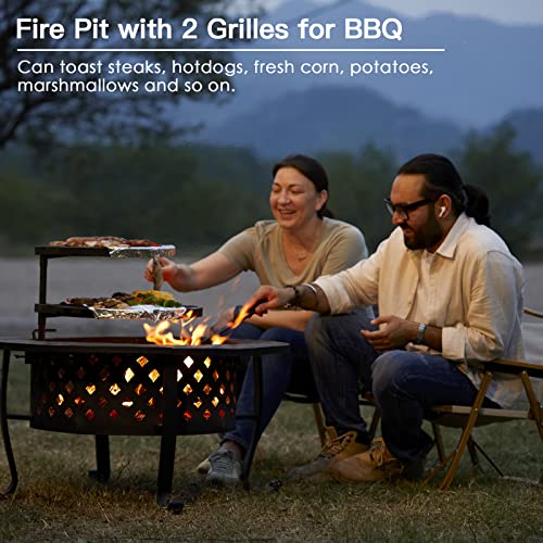 PaPaJet 36 Inch Fire Pit with 2 Grill, Outdoor Wood Burning Firepit with Lid, Metal Round Table for Backyard Patio Garden Picnic Camping Bonfire