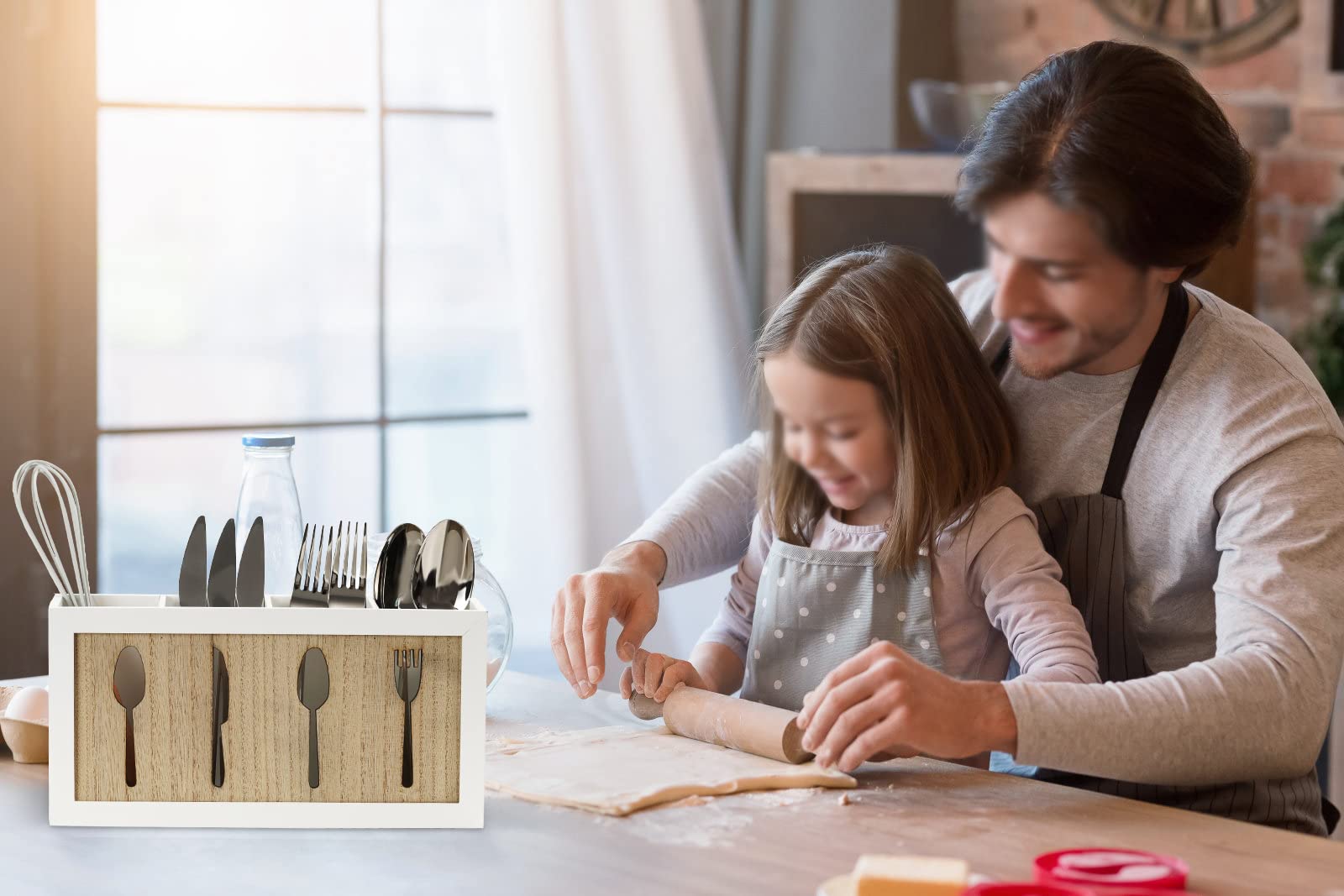 Wooden Kitchen Utensil Holder for Countertop, Rustic Utensil Organizer Cutlery Holder Flatware Silverware Organizer, Cooking Utensil Caddy Organizer with 4 Compartments for Spoons, Forks, Knives