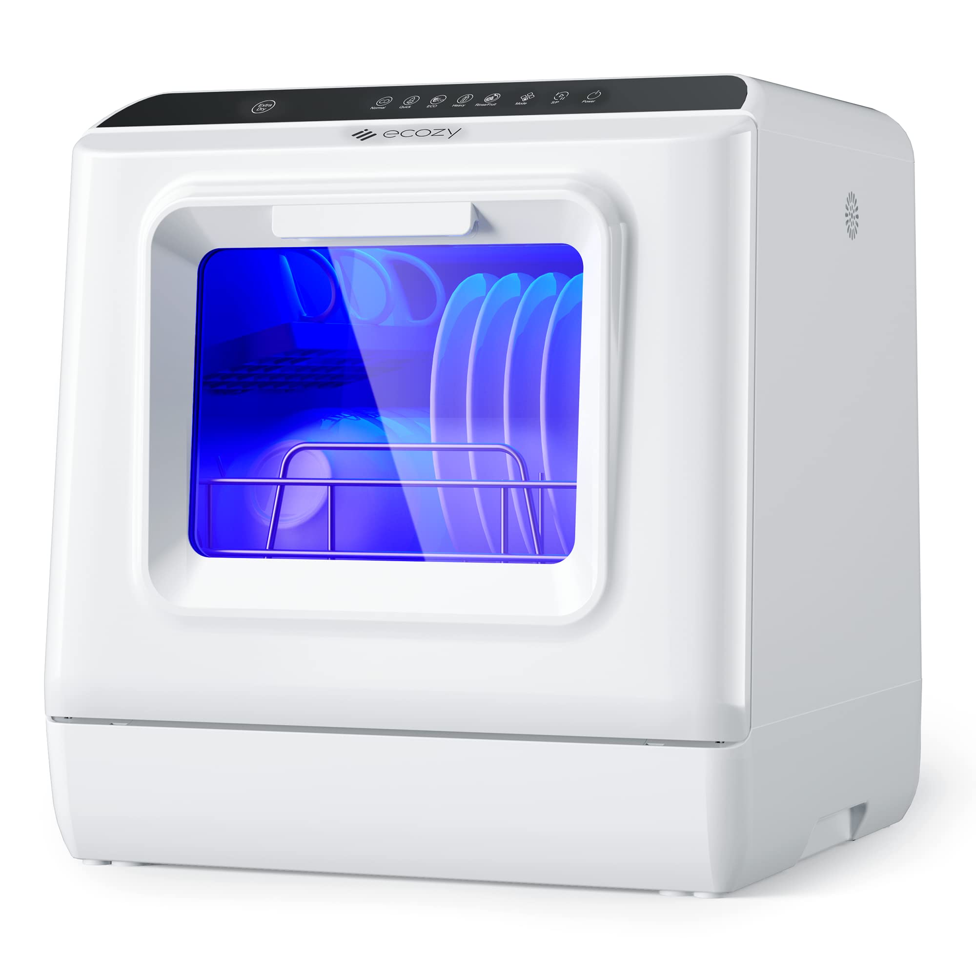 ecozy Portable Dishwasher Countertop, Mini dishwasher with a Built-in 5L Water Tank, No Hookup Needed, 6 Programs, Extra Dry Function for Apartments, Camping and RV, White
