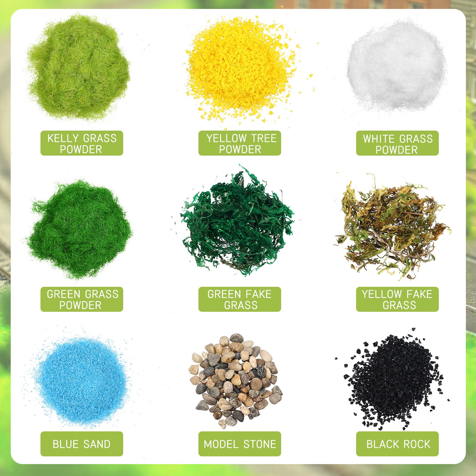 Nuanchu 9 Pack Scenery Basing Material Kit for Miniatures Model Stone, Grass Cashmere Powder, Dry Grass Mixed Model Grass Powder Green Micro Landscape Building Miniatures Fake Grass Fairy Garden