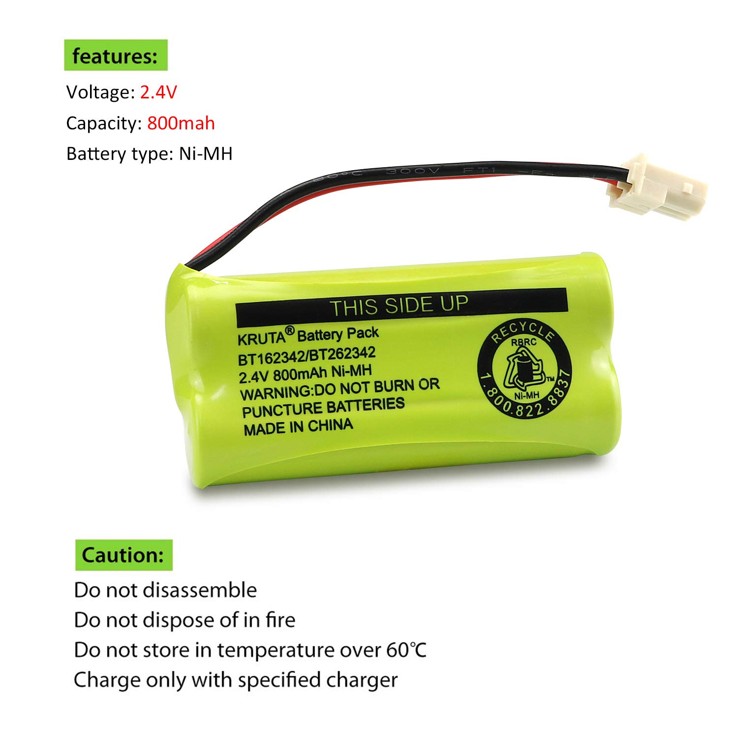 Kruta BT166342 BT266342 Battery 2.4V 800mah Replacement Battery Pack Compatible with for BT183342 BT283342 BT162342 BT262342 VTech CS6114 CS6419 CS6719 at&T EL52300 CL80111 Cordless Phone (Pack 4)