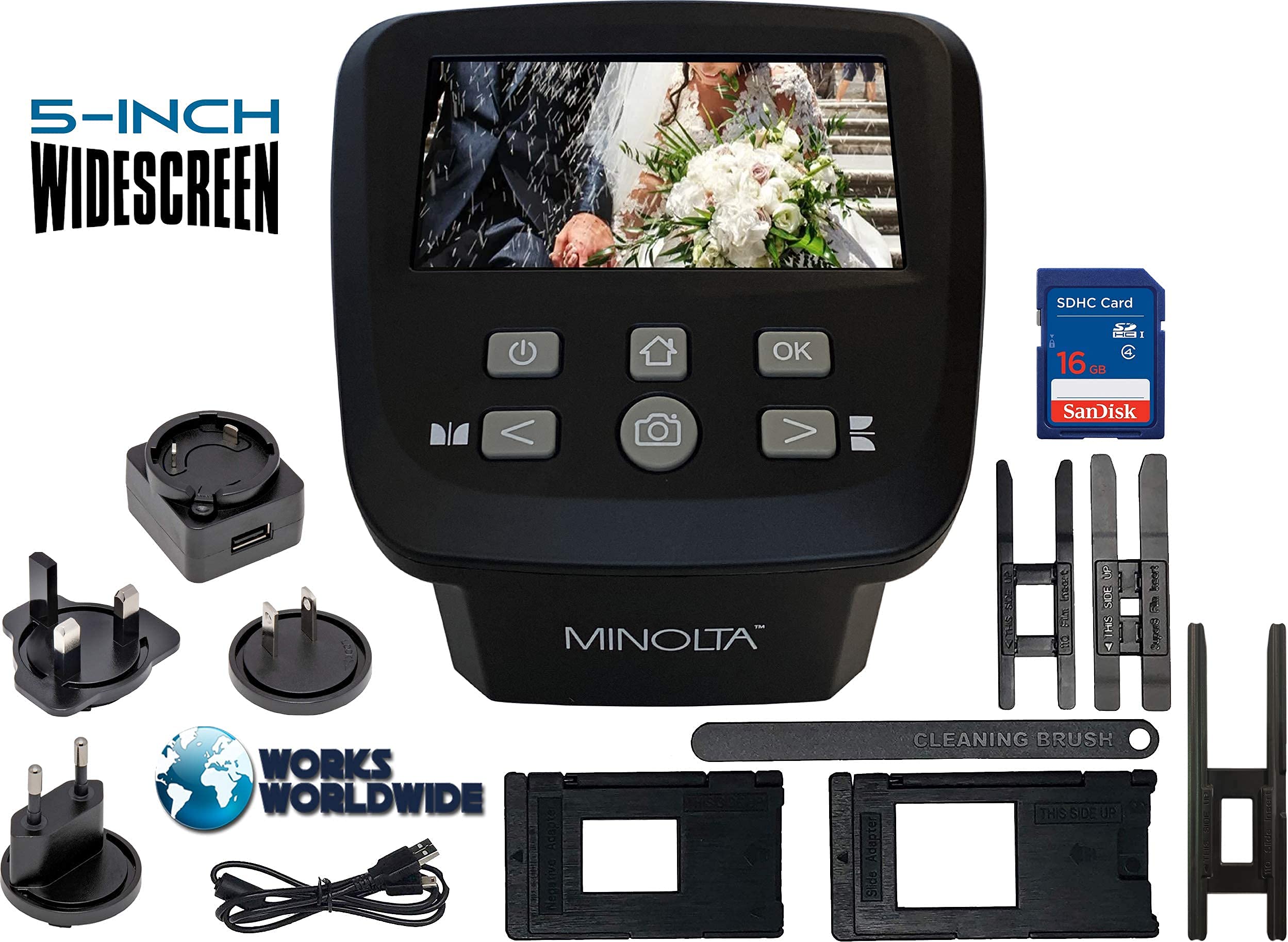 MINOLTA Film & Slide Scanner, Large 5" Screen, Convert Color & B&W 35mm, 126, 110 Negative & Slides, Super 8 Films to High Res 22MP JPEG Digital Photos, 16GB SD Card, Worldwide AC Adapter (Black)