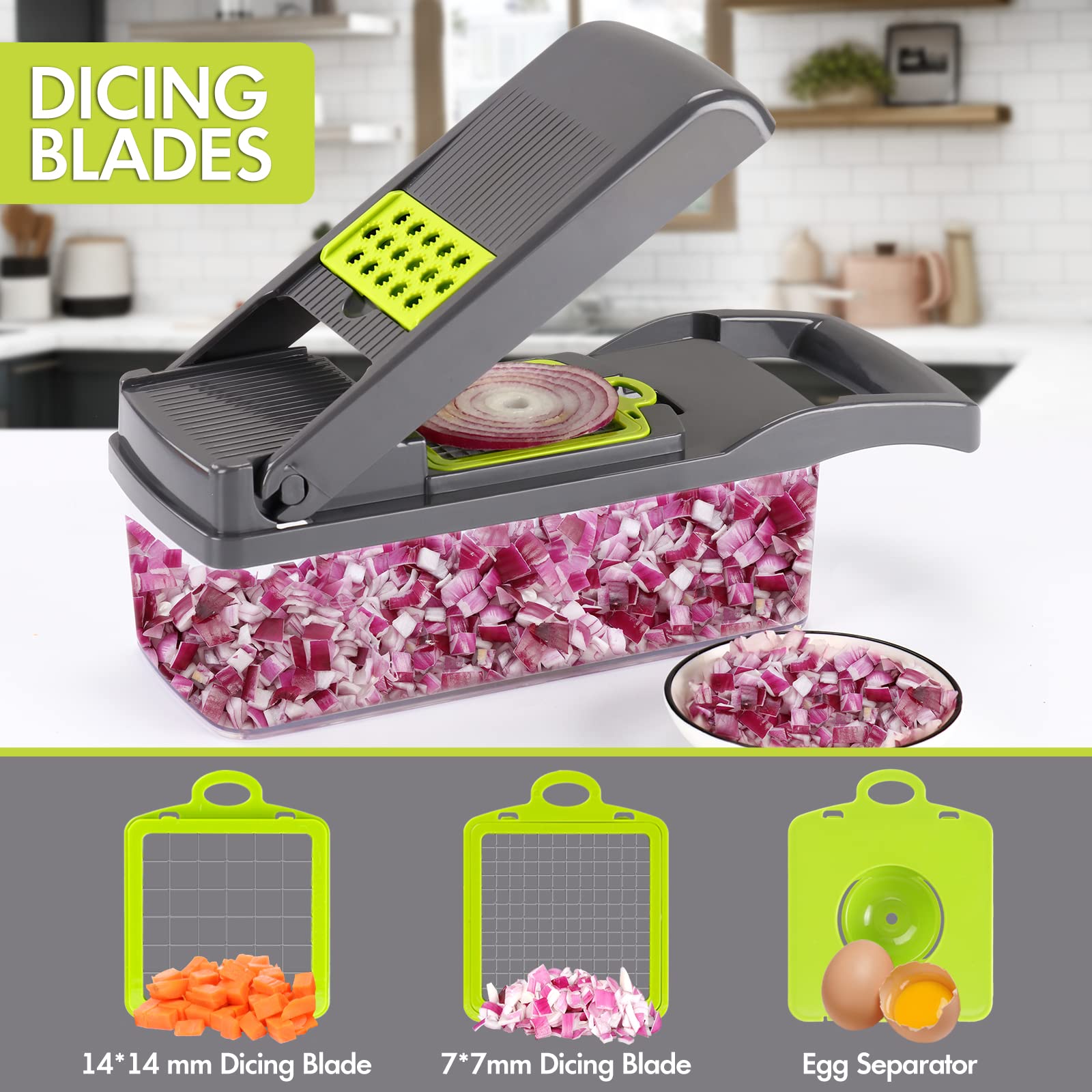 Ourokhome Vegetable Chopper, Onion Chopper, 12 in 1 Professional Mandoline Slicer for Kitchen, Multifunctional Food Chopper Cutter for Potato, Tomato, Veggie with 8 blades and Filter Basket (Gray)