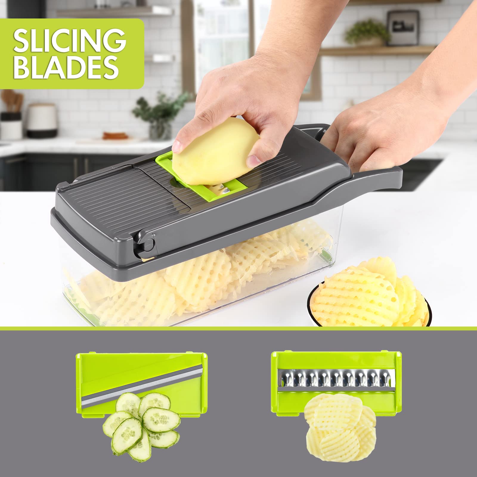 Ourokhome Vegetable Chopper, Onion Chopper, 12 in 1 Professional Mandoline Slicer for Kitchen, Multifunctional Food Chopper Cutter for Potato, Tomato, Veggie with 8 blades and Filter Basket (Gray)