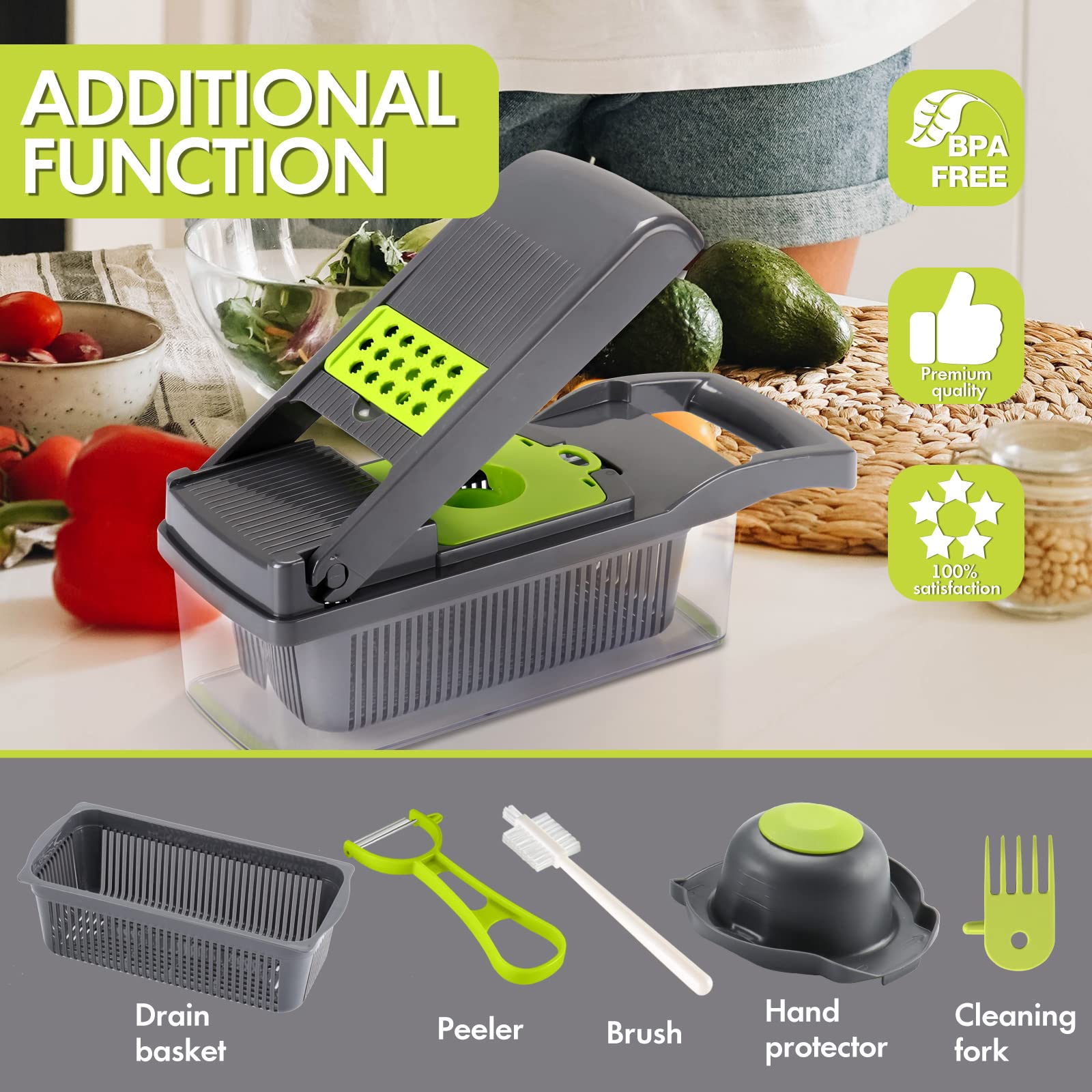 Ourokhome Vegetable Chopper, Onion Chopper, 12 in 1 Professional Mandoline Slicer for Kitchen, Multifunctional Food Chopper Cutter for Potato, Tomato, Veggie with 8 blades and Filter Basket (Gray)