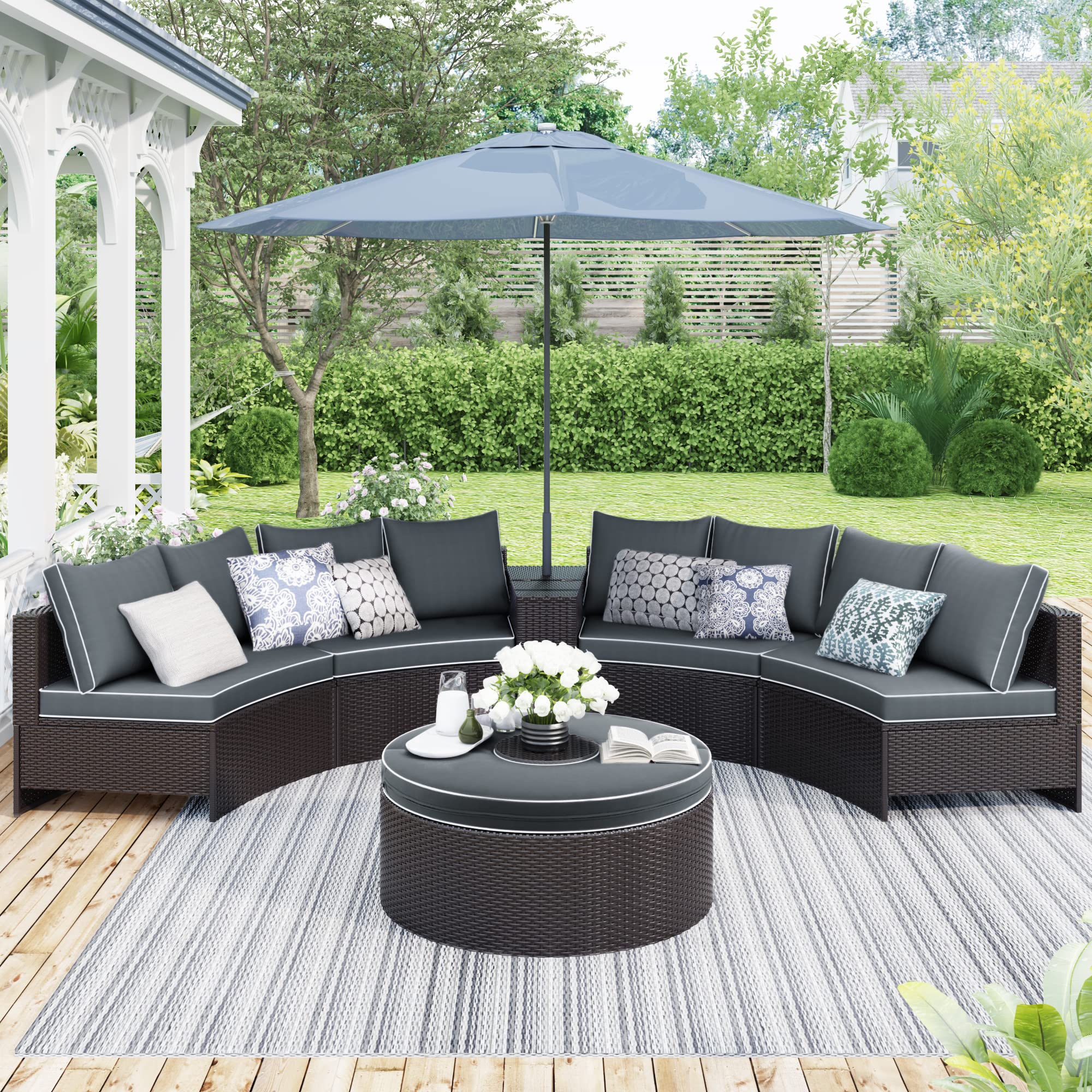 GINGVAT 6 Pieces Patio Sectional Half Outdoor Rattan PE Wicker Conversation Sofa Set, Storage Side Umbrella and One Multifunctional Round Table, Brown+ Gray