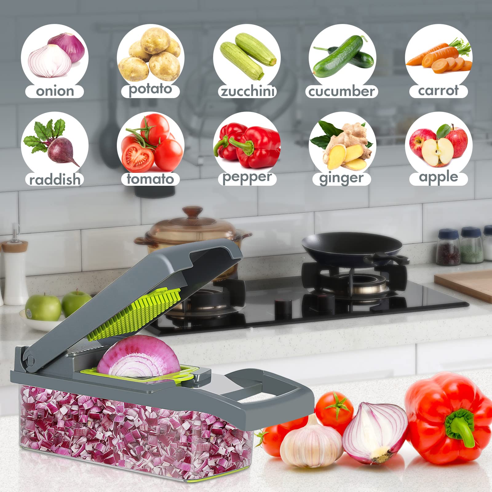 Ourokhome Vegetable Chopper, Onion Chopper, 12 in 1 Professional Mandoline Slicer for Kitchen, Multifunctional Food Chopper Cutter for Potato, Tomato, Veggie with 8 blades and Filter Basket (Gray)
