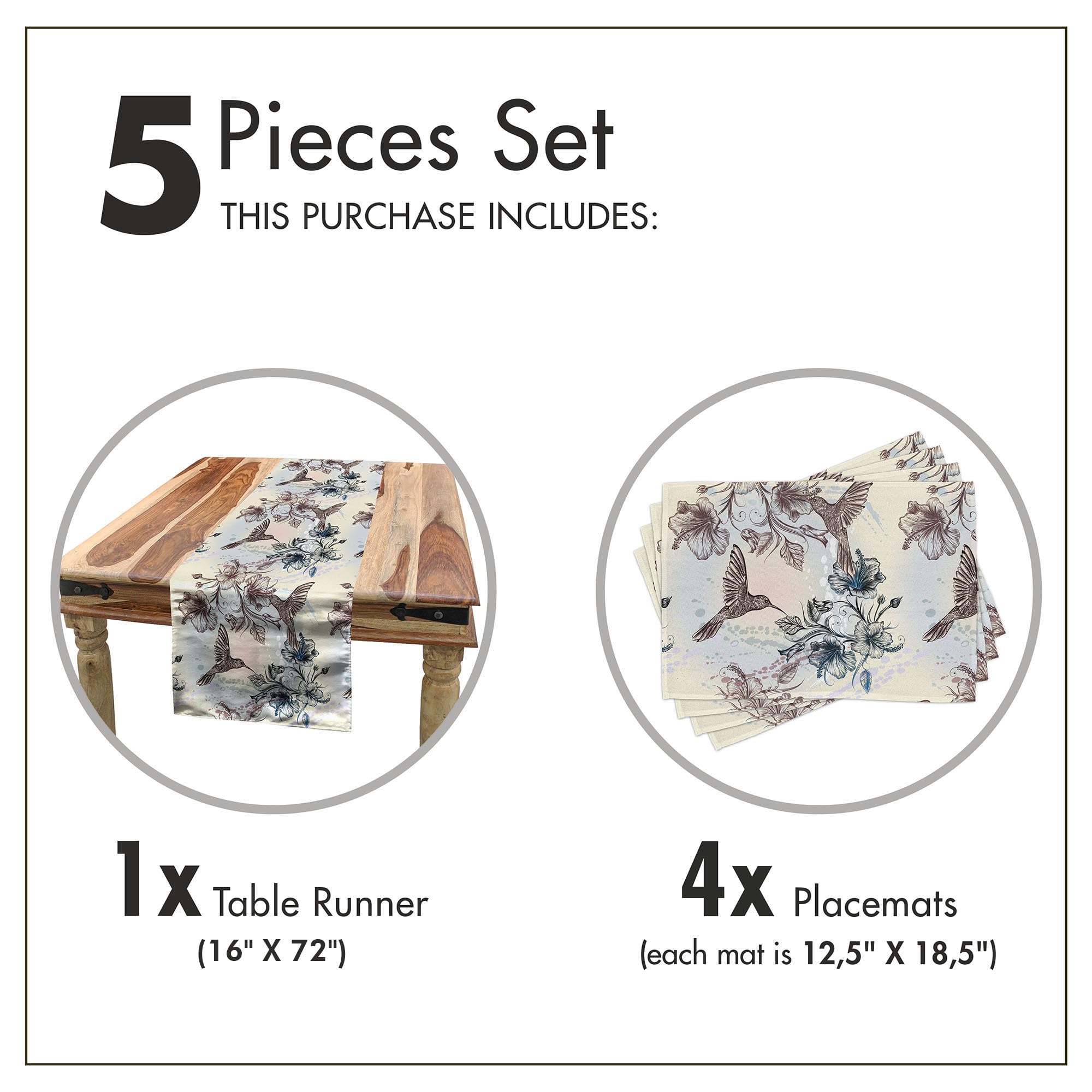 Ambesonne Hummingbird Table Runner & Placemats, Birds and Hibiscus Flowers Nostalgia Antique Design Classical Print, Set for Dining Table Decor, Placemat 4 pcs + Runner 16"x72", Teal Brown