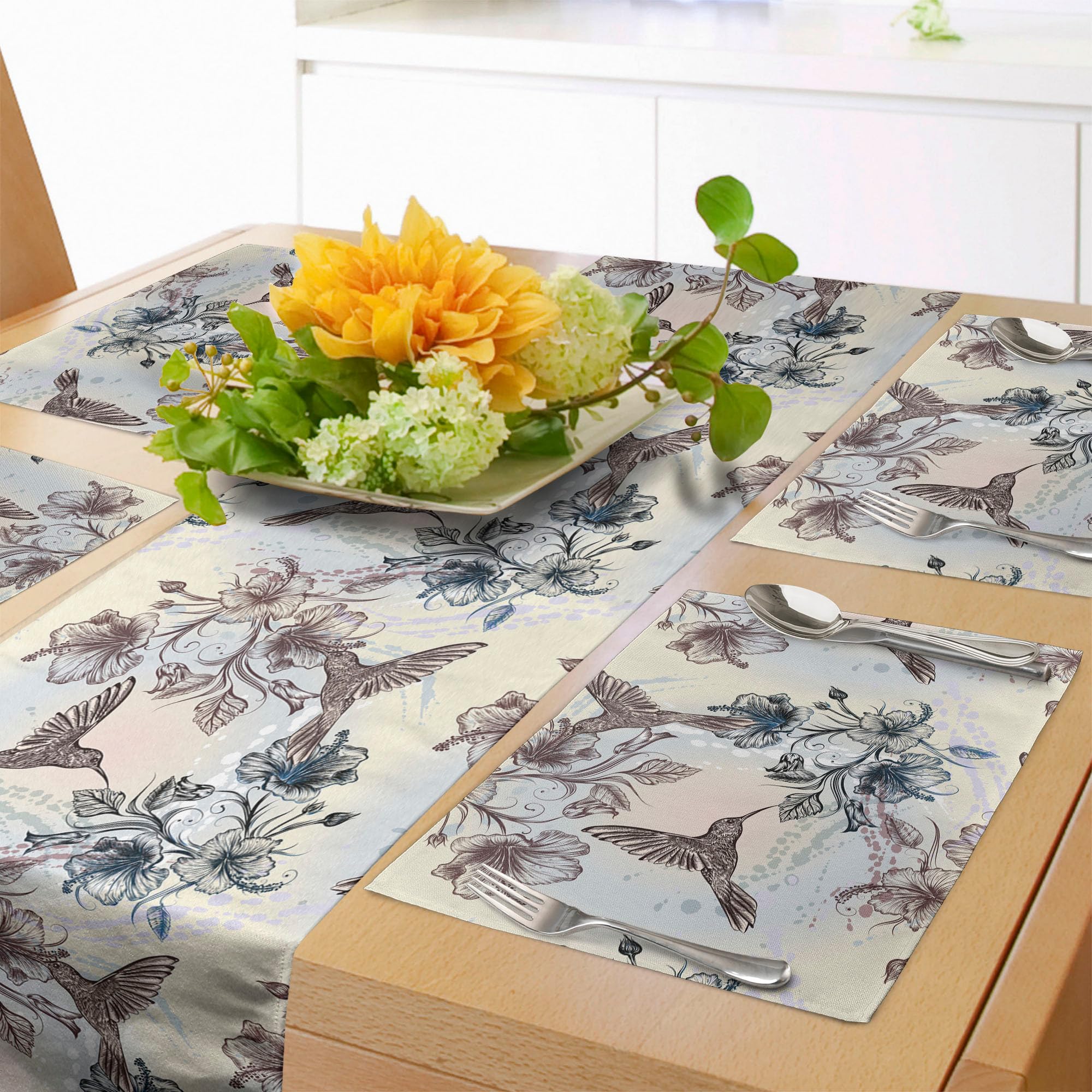 Ambesonne Hummingbird Table Runner & Placemats, Birds and Hibiscus Flowers Nostalgia Antique Design Classical Print, Set for Dining Table Decor, Placemat 4 pcs + Runner 16"x72", Teal Brown