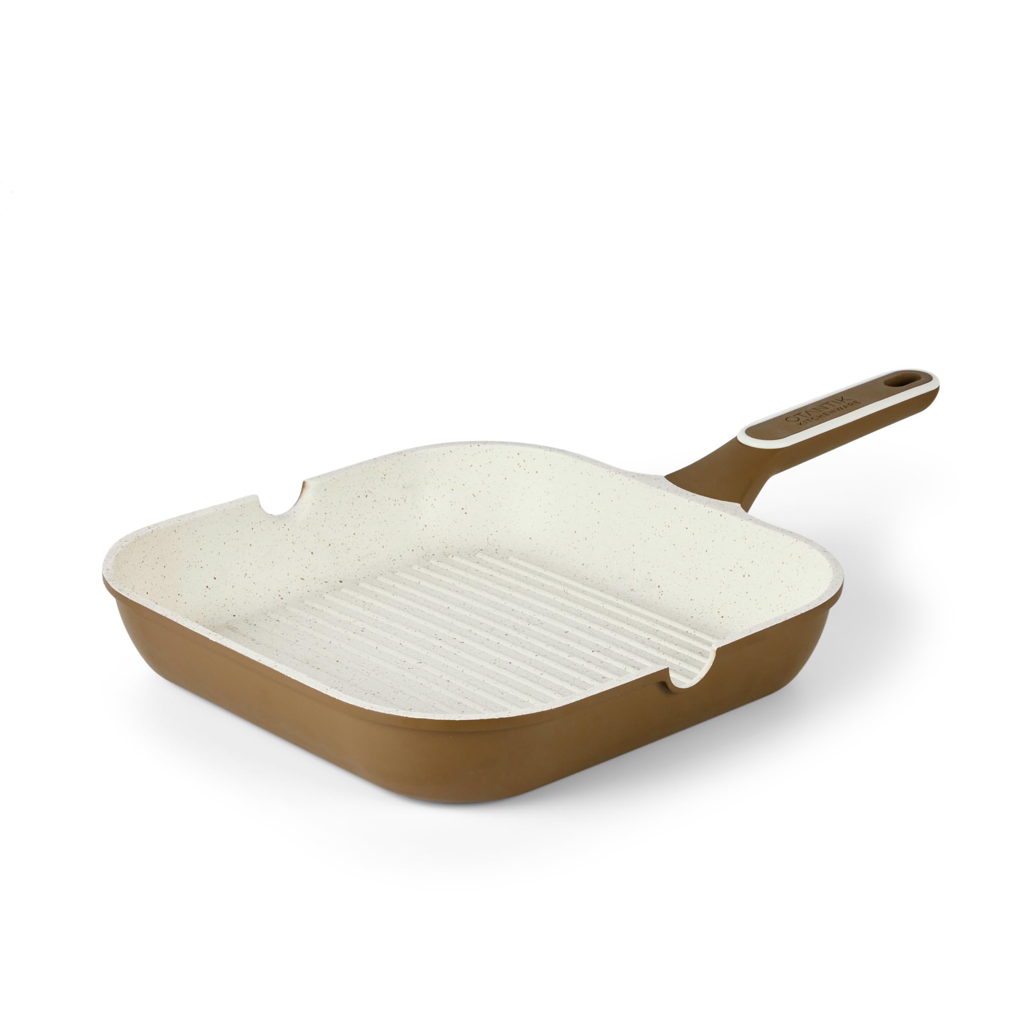 Otantik Non-Stick 11” Square Grill Pan Cast Aluminum - Griddle Pan with Pour Spouts - Ceramic Marble coating - Cool Handle - PTFE & PFOA Free - Compatible with All Stovetops (Brown)
