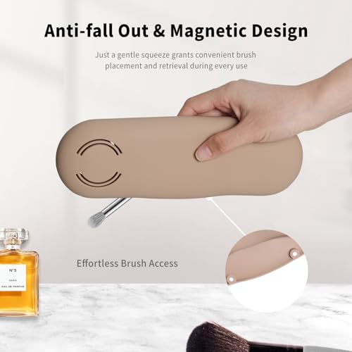 Vemoky Makeup Brush Holder/makeup brush covers/Travel Makeup Brush Holder/Soft Silicone Makeup Brush Holder/Stylish Make Up Brushes Holder Organizer/Double-sided Vent Makeup Bags for Women (Khaki)